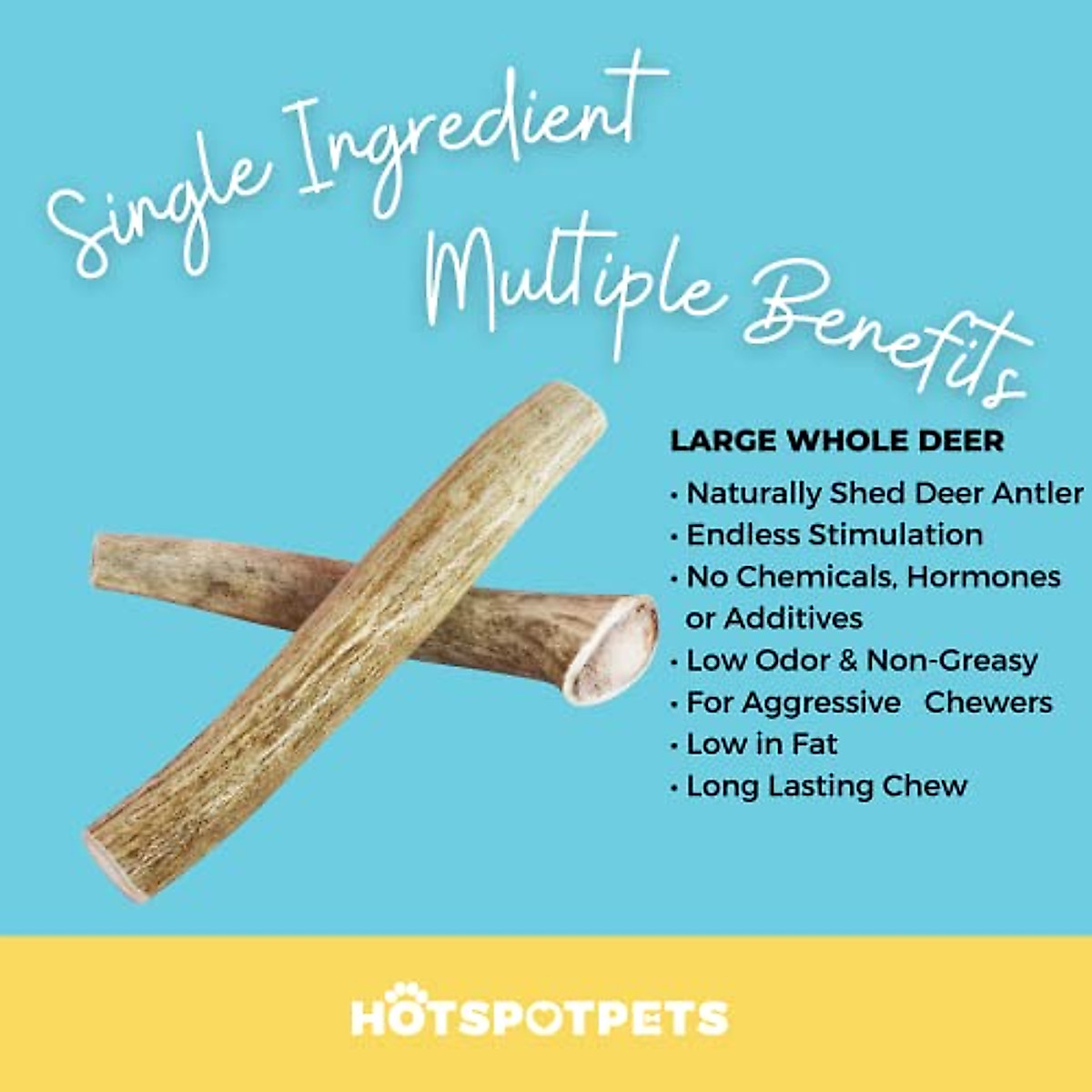 hotspot pets Premium Deer Antlers for Dogs - 7+ Inch Large Antler Dog Chews (2 Pack) Naturally Shed Antler Bone for Large Breed Aggressive Chewers - Made in USA - Promotes Dental Hygiene