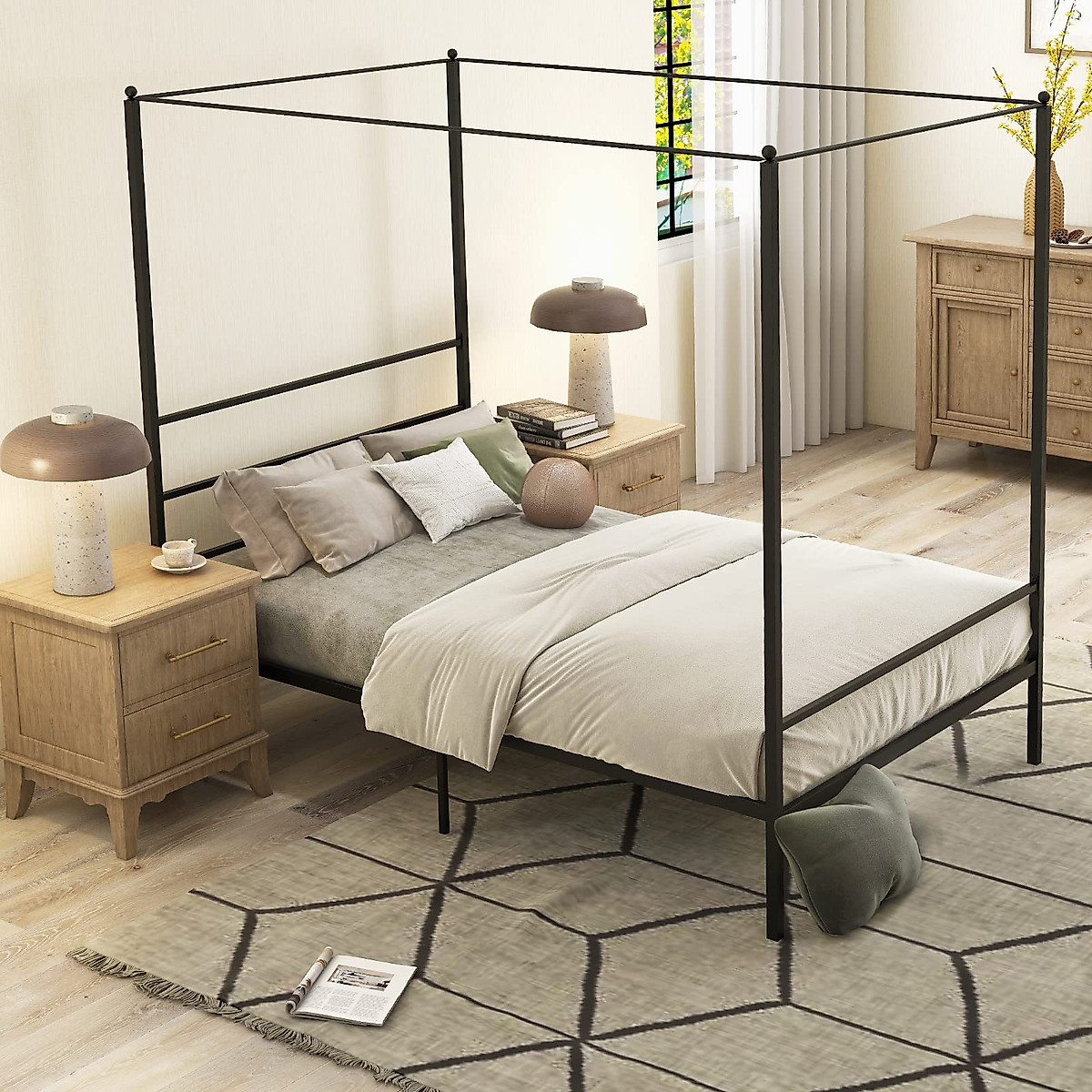 GOFLAME Full Size Metal Canopy Platform Bed Frame, Modern Canopy Bed with 4 Posters, Underbed Storage, Mattress Foundation with Steel Slat Support and Headboard, Easy Assembly, No Box Spring Needed