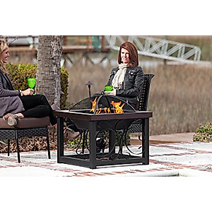 Fire Sense 61331 Fire Pit Cocktail Square Table Wood Burning Steel Mesh Spark Screen Wood Grate Screen Lift Steel Firepit with Log Storage Rack - Hammer Tone Bronze Finish