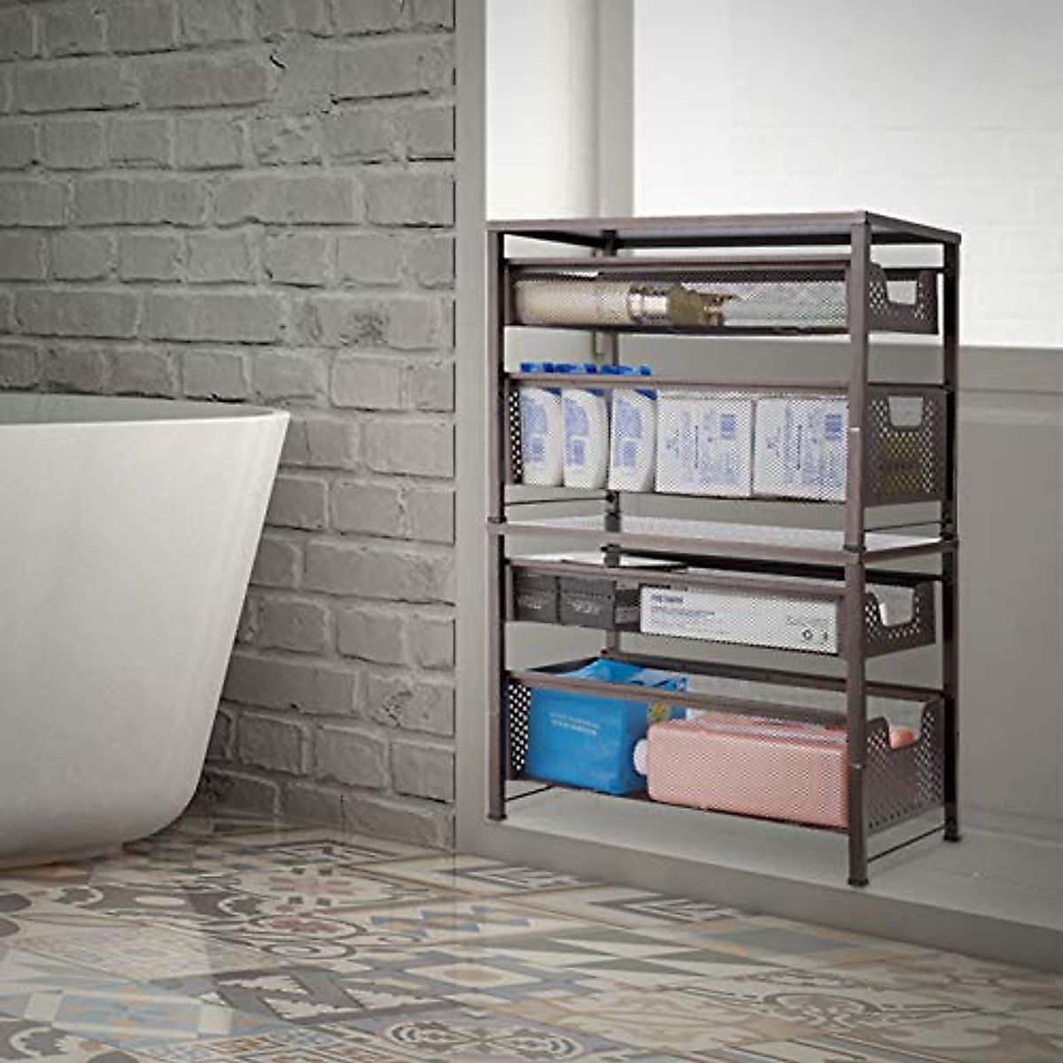 Bextsware Auledio Stackable Multi-Function Under Sink Organizer 2 Tier Sliding Basket Cabinet, Bronze