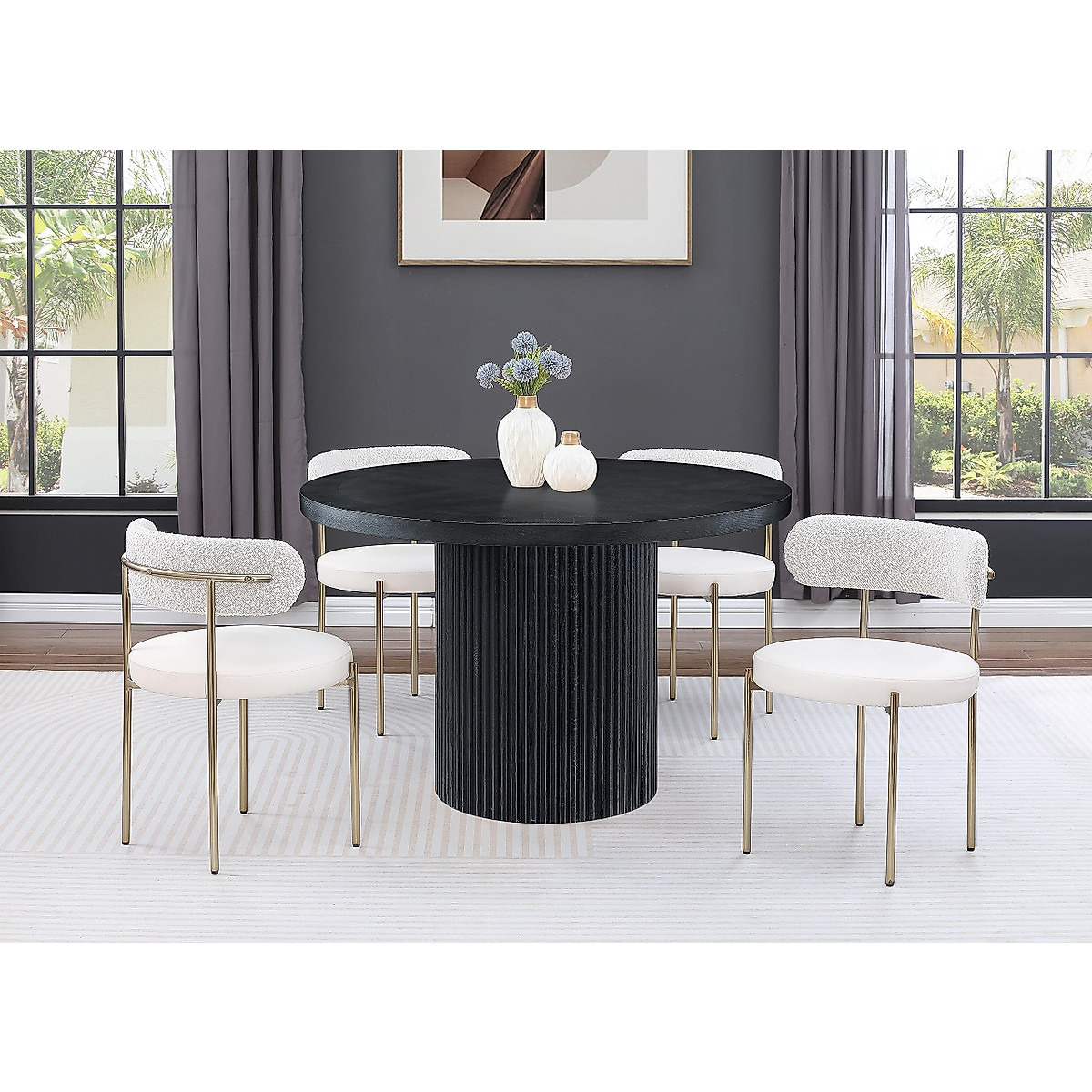 Meridian Furniture 728Black-T Belinda Collection Mid-Century Modern Dining Table, Solid Wood Base, Black Finish Oak Wood Veneer MDF Top, Round Top, Fluted Base, 48" W x 48" D x 31" H, Black