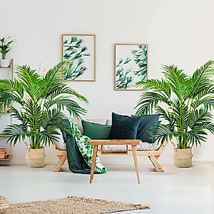 Worth Garden 4ft Artificial Areca Palm Plant 2 Packs in Pot, Fake Cane Palm Silk Tree Indoor Outdoor, Dypsis Lutescens, 47in Lifelike Faux Silk Plant Home Decor, Two Linen Bags & 20g Dry Moss Included