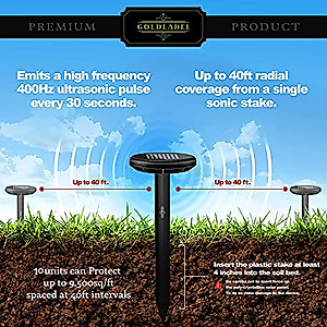 Gold Label Premium Waterproof Ultrasonic Solar Animal Repellent | Long Lasting Humane Solar Pest Control Spikes for Groundhog, Gopher, Vole, Mole, Snake, Chipmunk, Racoon, Squirrel, Mice | 10 Pack