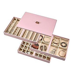 Shanik Stackable Large Jewelry Tray Organizers, 3 Pc. Set, Cute Designer Storage with Soft Velvet Surfaces to Protect Rings, Necklaces, Bands, and Earrings, Custom Display, Large Capacity, Pink
