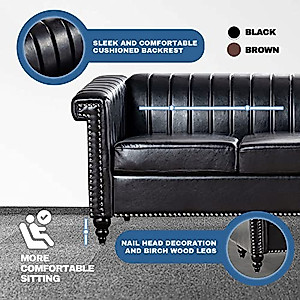 KUVENQIW Black Couches for Living Room Faux Leather Sofa Classic Large 3 Seater Couch Mid Century Modern Couch Deep Stripe Tufted Sofa for Bedroom, Office, Apartment.(Black)