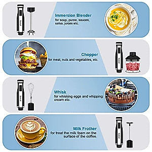 Immersion Hand Blender, 800W Stick Blender, 20 Speed Stainless Steel Immersion Blender, With 27oz Beaker, 17oz Chopping Bowl, Whisk, Frother Attachments, for Soup, Smoothie, Puree, Baby Food, Black