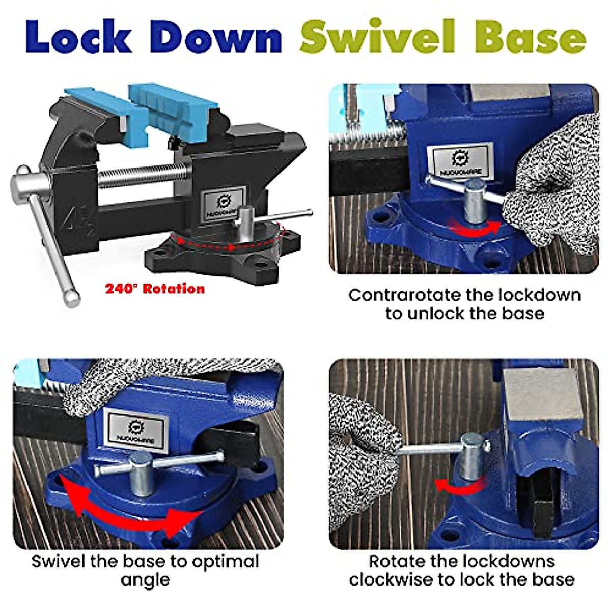 Nuovoware Heavy Duty Bench Vise 4.5 Inch, 240° Swivel Locking Base Bench Clamp with 125mm Vise Jaw, Clamp-on Home Merchanic Vice Desktop Clamp for Woodworking, Drilling, Cutting Conduit -Blue + Blue