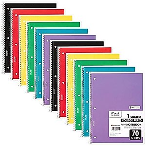 Mead Spiral Notebooks, 12 Pack, 1-Subject, College Ruled Paper, 10-1/2" x 8", 70 Sheets per Notebook, Color Will Vary (73703)