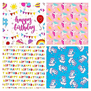 WRAPAHOLIC Birthday Wrapping Paper Roll - Unicorn Rainbow Pony Pink Blue with Cut Lines - 4 Rolls - 30 inch X 120 inch Per Roll