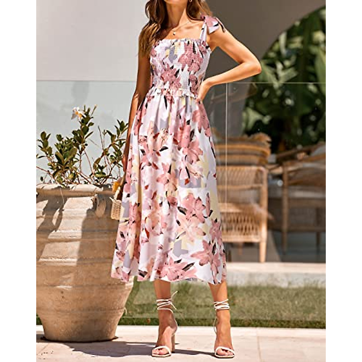 PRETTYGARDEN Women Summer Dresses 2023 Tie Strap Square Neck Smocked Ruffle Flowy Floral Print Boho Maxi Cocktail Dress(Floral Pink,X-Large)