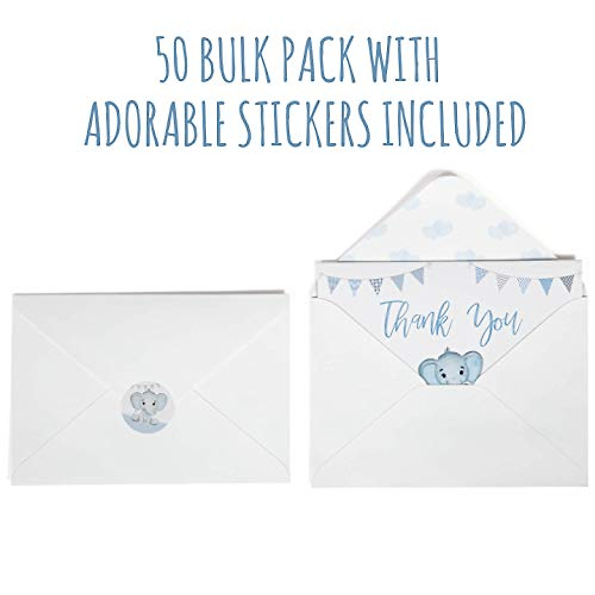 VNS Creations 50 Baby Shower Thank You Cards - Boy Baby Shower Thank You Cards- Baby Shower Cards - Elephant Baby Shower Thank You Cards - Baby Boy Shower Card with Envelopes & Stickers (Blue)