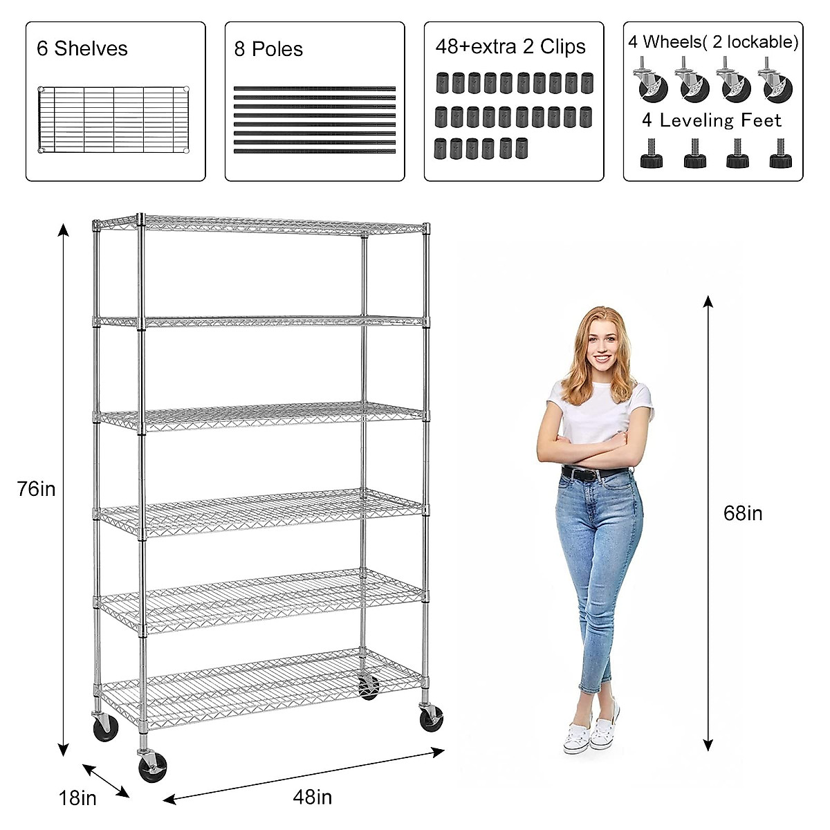 YYkokocat Heavy Duty 6 Tier Shelving Unit Adjustable 6000Lbs Capacity Steel Storage Rack 18" x 48 x 76 Mobile Shelves Wire Shelf Silver Rolling Utility Cart for Pantry Garage Kitchen, Chrome
