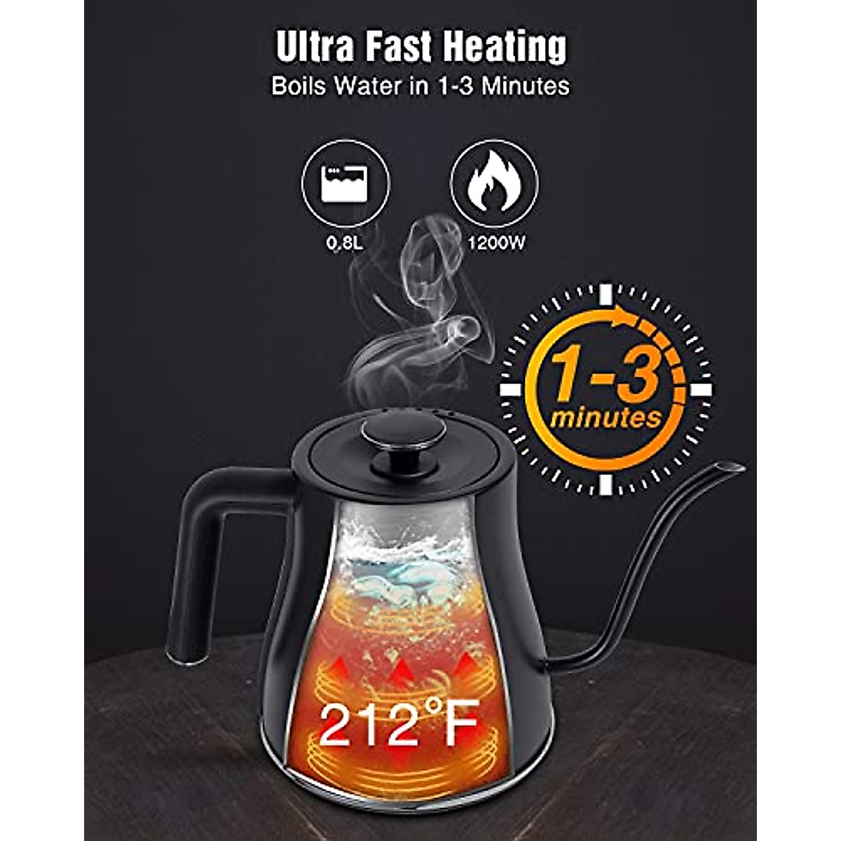 Jocuu Gooseneck Electric Pour Over Kettle with Temperature Control, Tea & Pour Over Coffee Kettle, Stainless Steel, Auto Shutoff Boil-Dry Protection, 0.8L, Matte Black