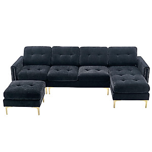 Eafurn U-Shaped Sectional Sofa w/Reversible Chaise Lounge and Movable Ottoman, 5-Seater Convertible Corner Couch Modern Design Velvet Upholstered Comfy Sofa & Couch for Living Room Furniture Sets
