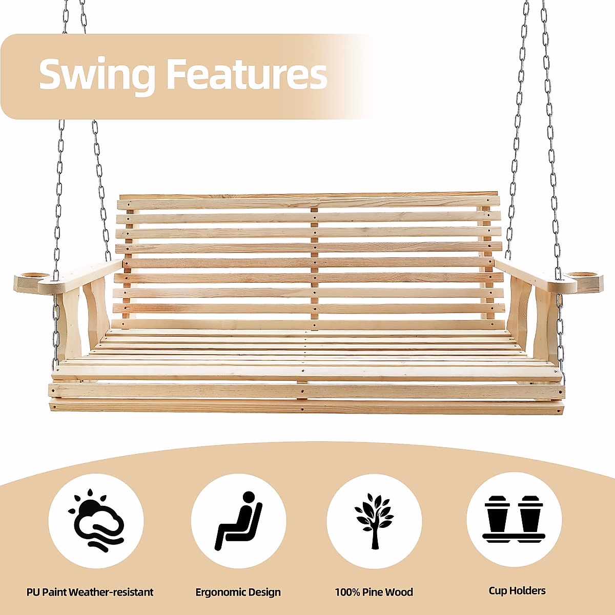 Beneouya Porch Swing Outdoor, 5.5FT Heavy Duty 800lbs Wooden Hanging Swing Bench with Cupholders and Hanging Chains for Front Porch Garden Deck Patio Backyard Balcony