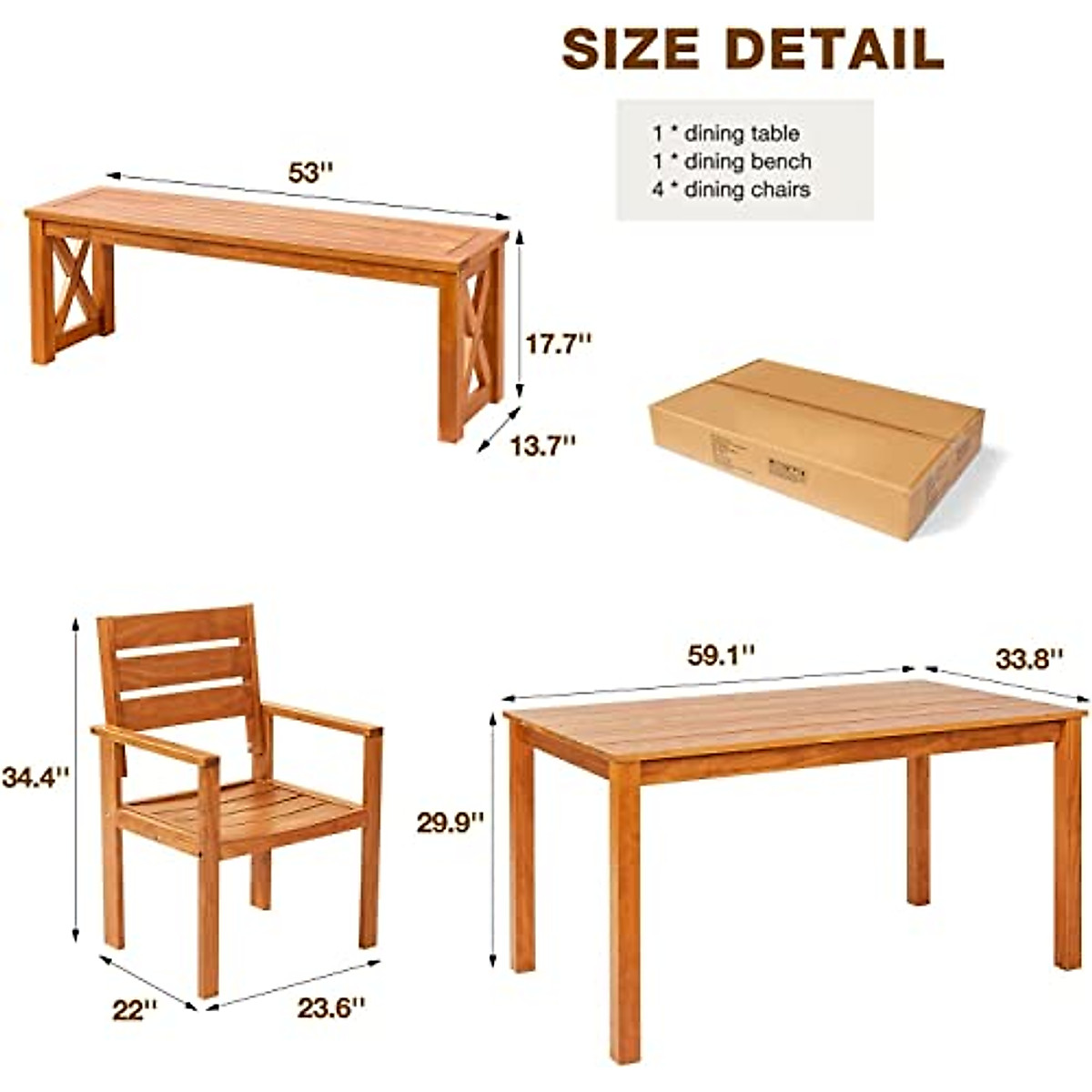 YOLENY 6 Piece Patio Dining Set, Teak Solid Wood, Indoor and Outdoor Wooden Furniture Sets for Backyard, Porch, Lawn, and Garden
