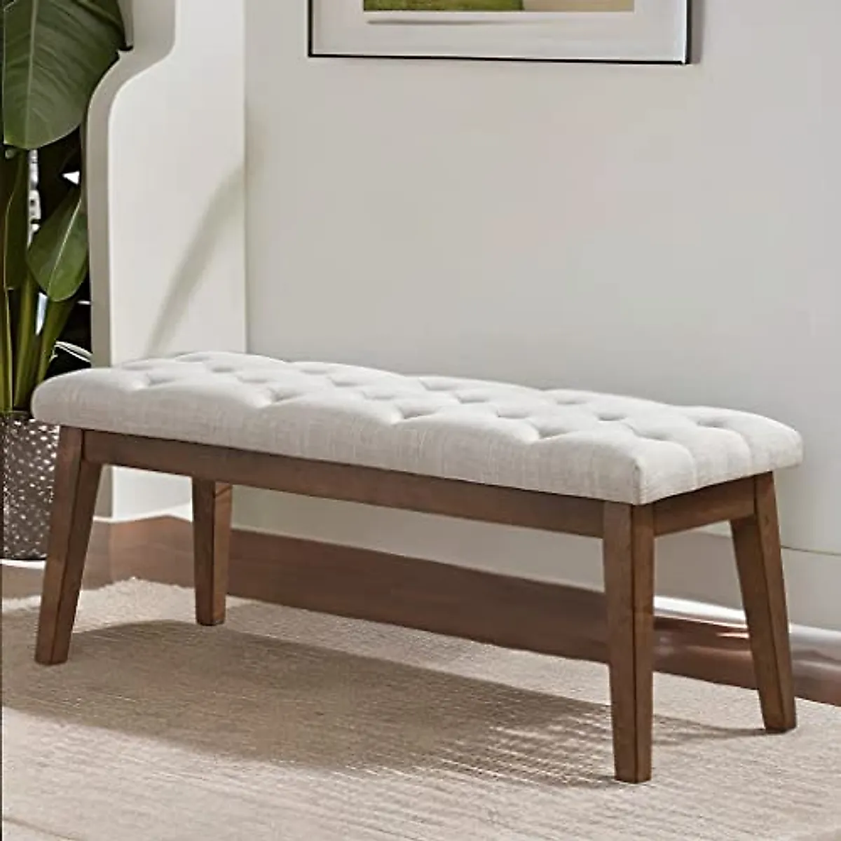 HUIMO Button-Tufted Bench for End of Bed, Entryway Bench with Upholstered Linen Fabric, Ottoman Bench for Living Room,Dining Bench for Kitchen(Beige)