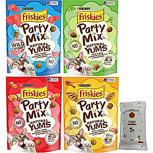 Aurora Pet Variety Pack (4) Friskies Party Mix Natural YUMS Cat Treats (Chicken, Salmon, Tuna and Catnip) 6-oz Each with AuroraPet Wipes
