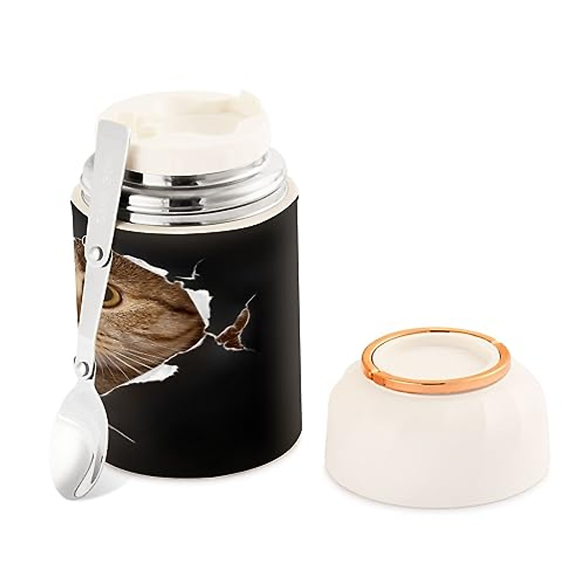 CUPADA Cat Funny Food Jar, Black Paper Hole Insulated Hot Food Jars Vacuum 17OZ with Folding Spoon for Work Trip Picnic Camping