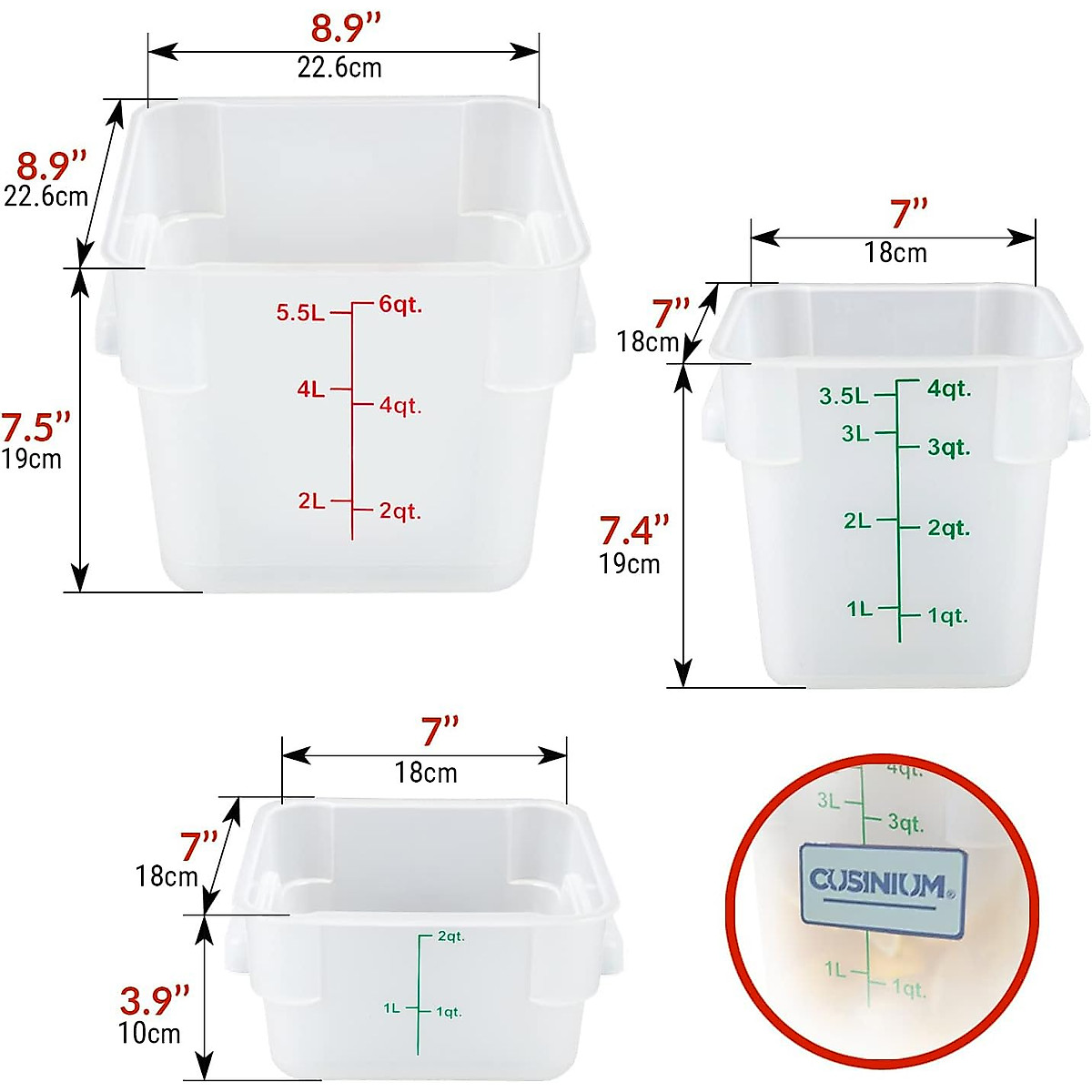 CUSINIUM 2qt + 4qt + 6qt Square Translucent Container Set