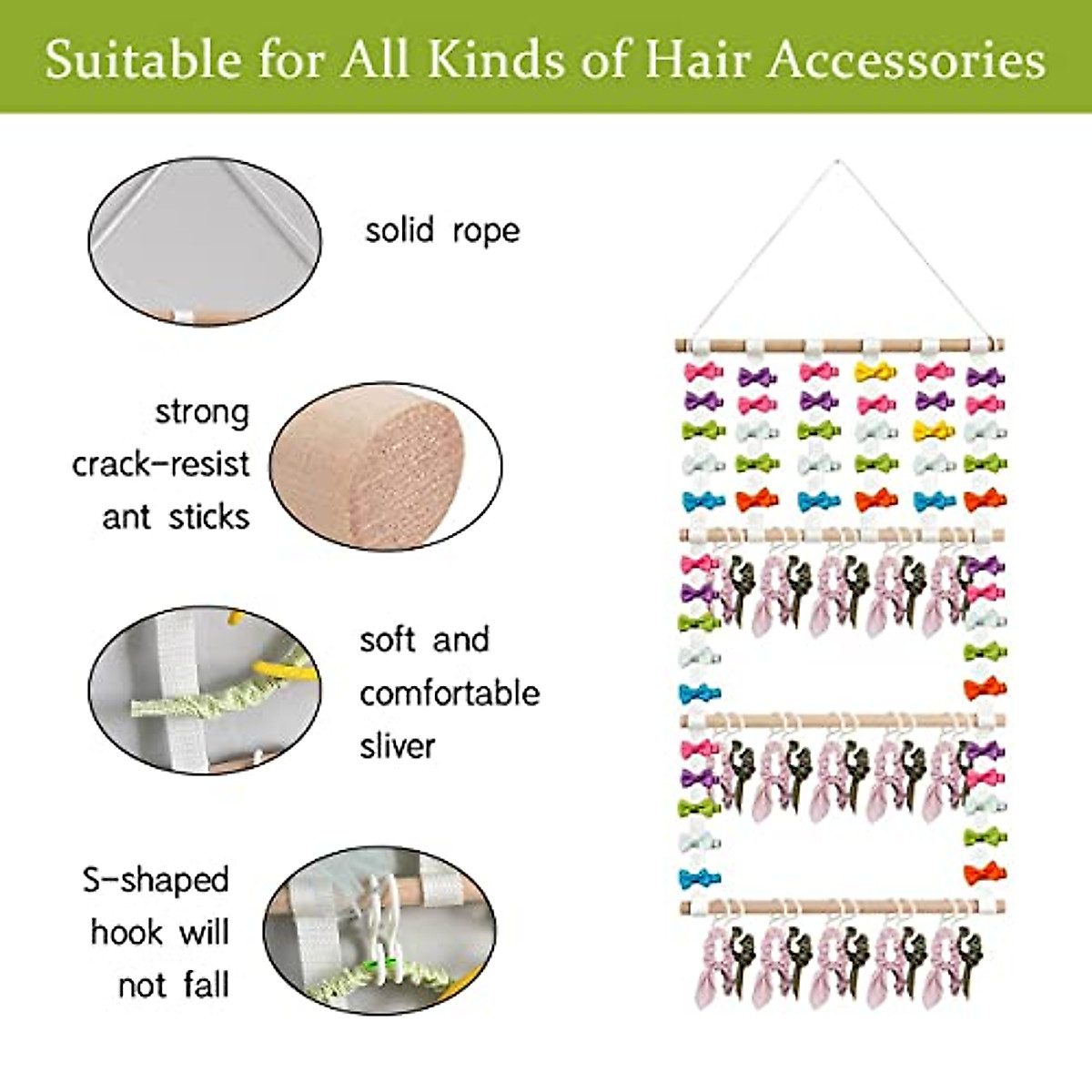 Headband Holder Bow Holder Jewelry Organizer for Girls，Bow Organizer with 30 Pcs S-Hook，Headband Organizer for Hangable Toys,Nursery Closet