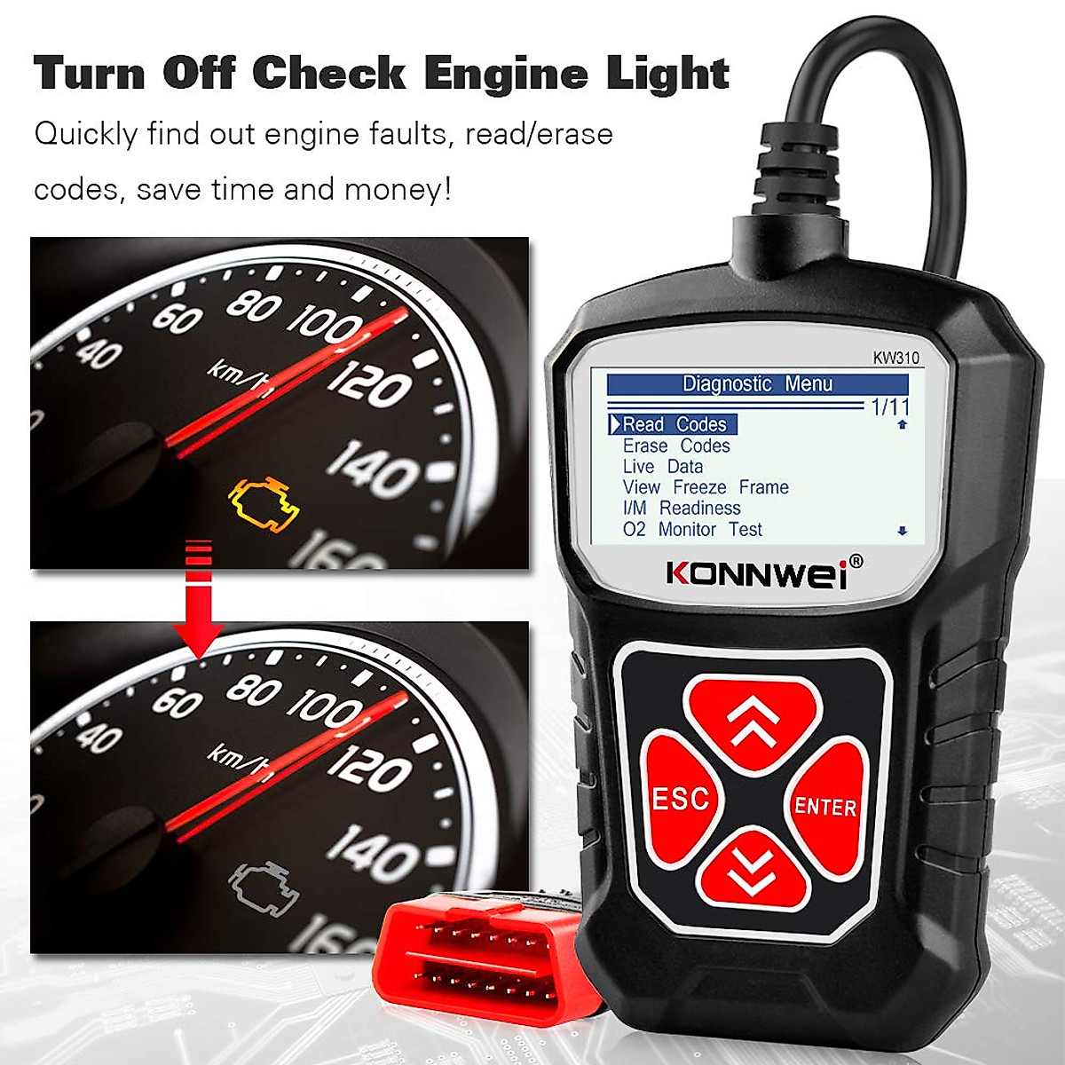 KONNWEI KW310 OBD2 Scanner Full OBDII Functions 10 Modes Car Engine Diagnostic Scanner Tool for All 1996 and Newer Cars (Black)