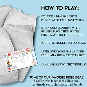 Little Rabbit Floral Themed Diaper Raffle Tickets for Boy Baby Showers, 20 2" X 3” Double Sided Insert Cards for Games by AmandaCreation, Bring a Pack of Diapers to Win Favors & Prizes!