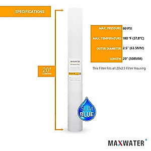 Max Water Slim Blue 5 Micron 20 inch x 2.5 inch Whole House Melt-Blown Polypropylene Sediment Water Filter Replacement Cartridge (Pack of 25)