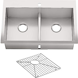 KOHLER Vault 33" Double-Bowl 18-Gauge Stainless Steel Kitchen Sink with Smart Divide with Single Faucet Hole K-3838-1-NA Drop-in or Undermount Installation, 9 Inch Bowl