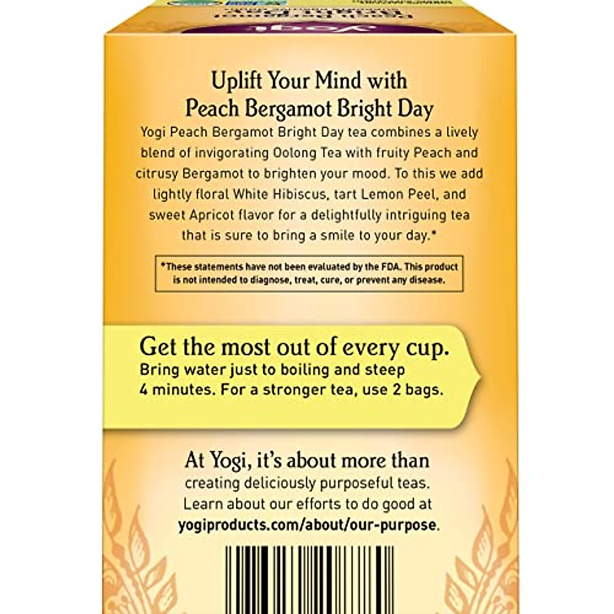 Yogi Tea Peach Bergamot Bright Day Tea - 16 Tea Bags per Pack (4 Packs) - Organic Tea to Support Energy & Positivity - Includes Oolong Tea Leaf, White Hibiscus Flower, Rose Hips & More