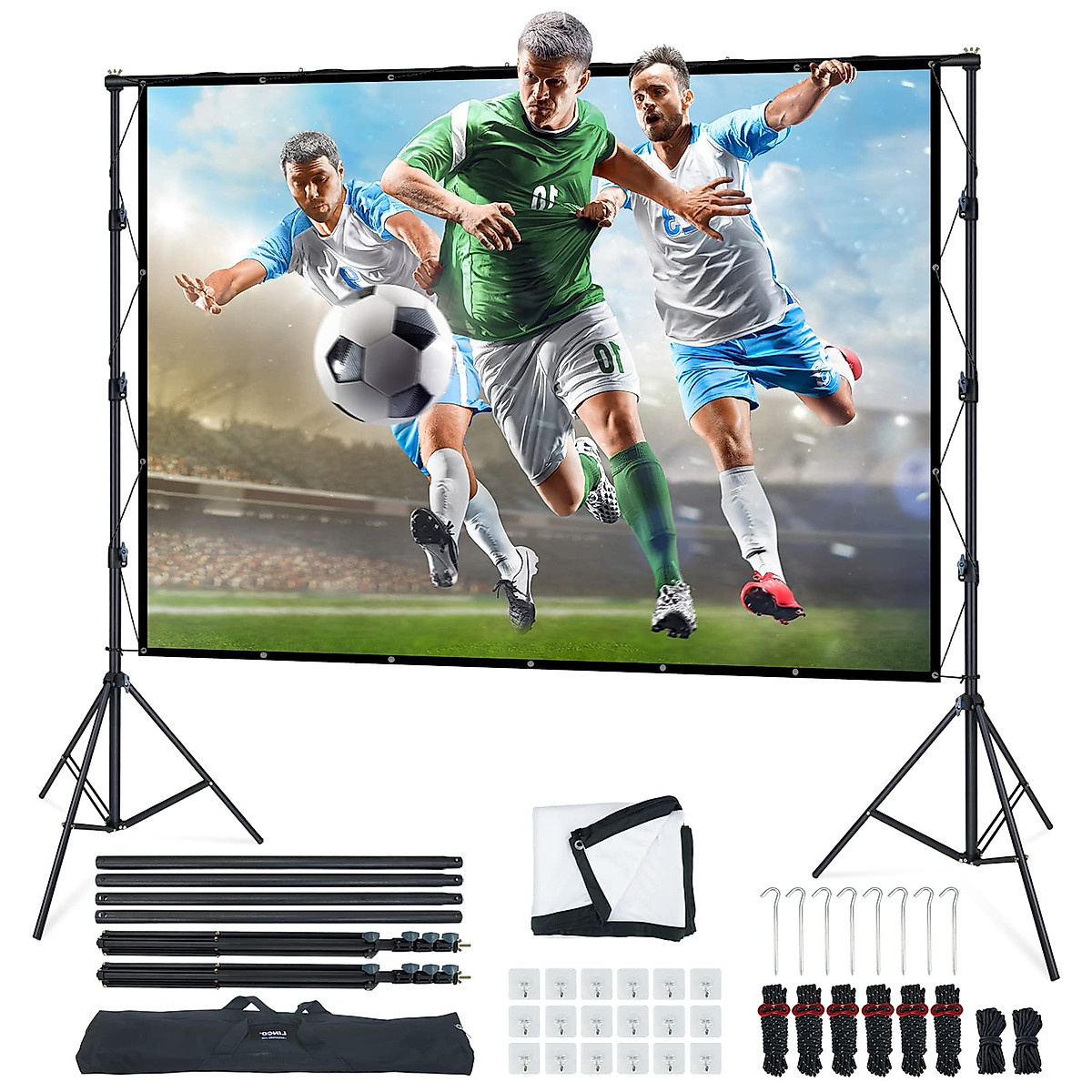 LINCO Projector Screen with Stand, 150inch Outdoor Movie Projector Screen 4K HD 16: 9 Wrinkle Free Design for Backyard Movie Night (Easy to Clean, 1.1Gain, 160° Viewing Angle & A Carry Bag)
