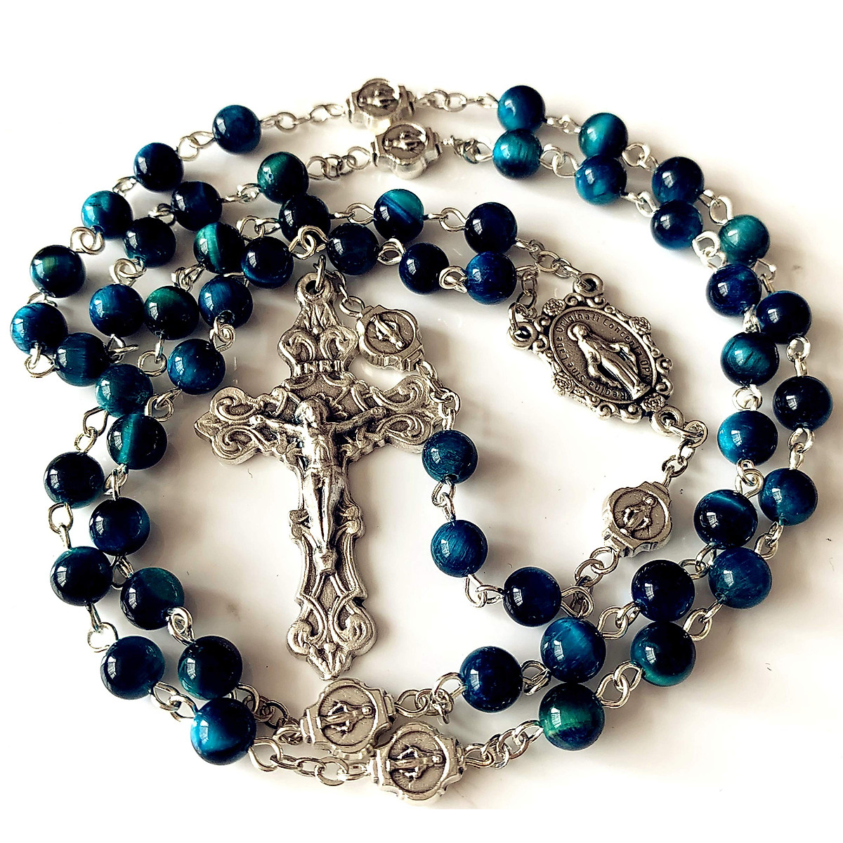 elegantmedical Handmade Blue Tiger Eye Beads Our Lady of Grace Rosary Cross Necklace Catholic Gifts
