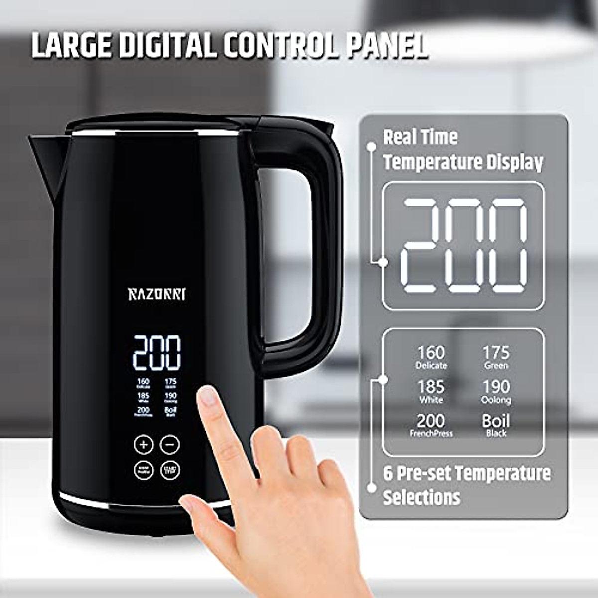 Razorri Electric Kettle 1-Click Control LED Digital Display, 1.7 Liter BPA-Free, Stainless Steel Double Insulated Wall, Boil Dry Protection, Keeps Warm for Tea Coffee, Cool to Touch, Cordless, Black