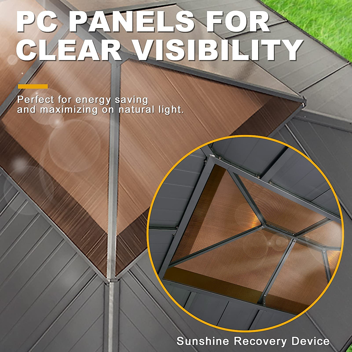 OLILAWN Gazebo 12x14, Hardtop Gazebo with Wood Finish Aluminum Frame, Galvanized Steel Double Top Gazebo with Ventilation, All-Weather Metal Gazebo with Netting and Curtains, for Patios Gardens Lawns