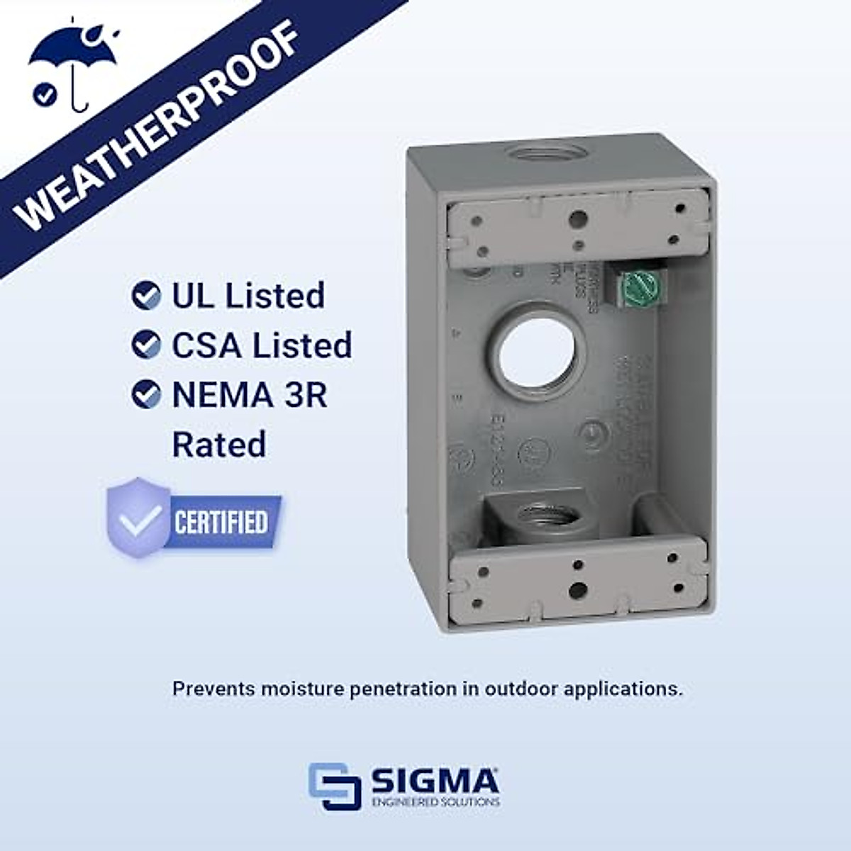 SIGMA ENGINEERED SOLUTIONS 14250 Metal Electrical Outlet Box, Weatherproof, Easy Mount Plug and Receptacle Protector, Gray, (3) 1/2-Inch Holes, 1 Gang Box