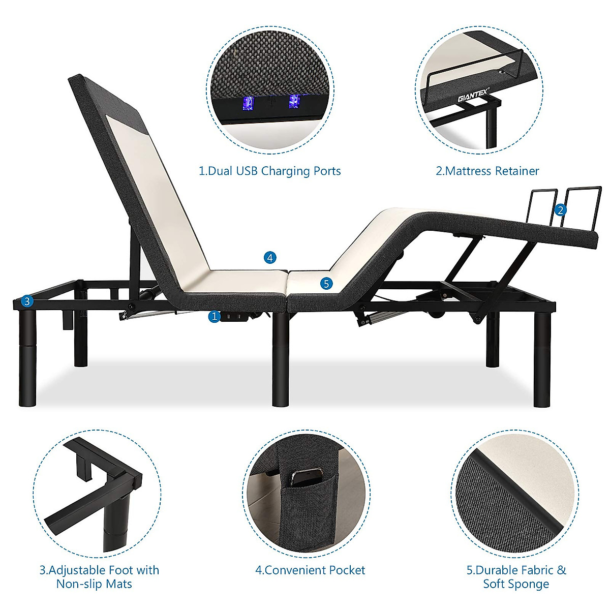 Giantex Adjustable Bed Base with Remote, Zero Gravity Electric Adjustable Bed w/Head and Foot Incline, Vibration Massage, USB Ports, Under-Bed Nightlight, Preset & Memory Positions (Queen)