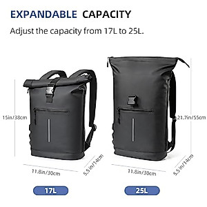 Ajiga Roll Top Travel Backpack for Men and Women, Lightweight Expandable Casual Daypack for 17 inch Laptop for Work Business College, Stylish and Water-resistent, Black