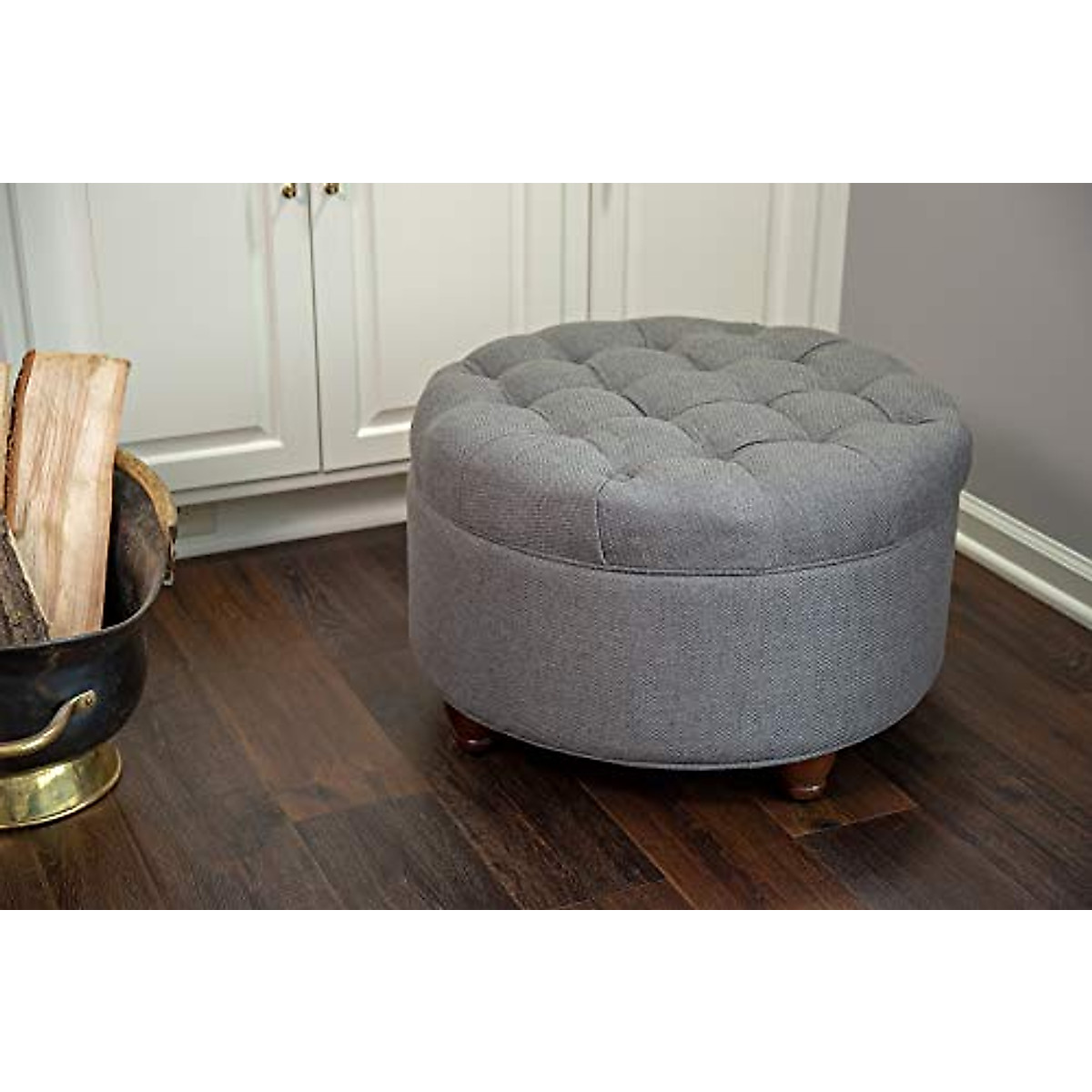 Homepop Home Decor | Large Button Tufted Woven Round Storage Ottoman | Ottoman with Storage for Living Room & Bedroom (Dark Gray)