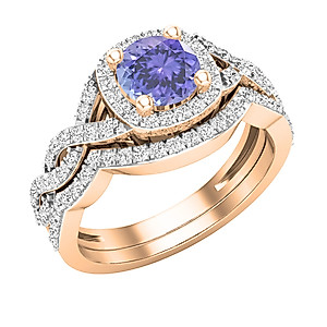 Dazzlingrock Collection 5.8mm Round Tanzanite & White Diamond Infinity Swirl Halo Wedding Ring Set for Women in 14K Rose Gold Size 6