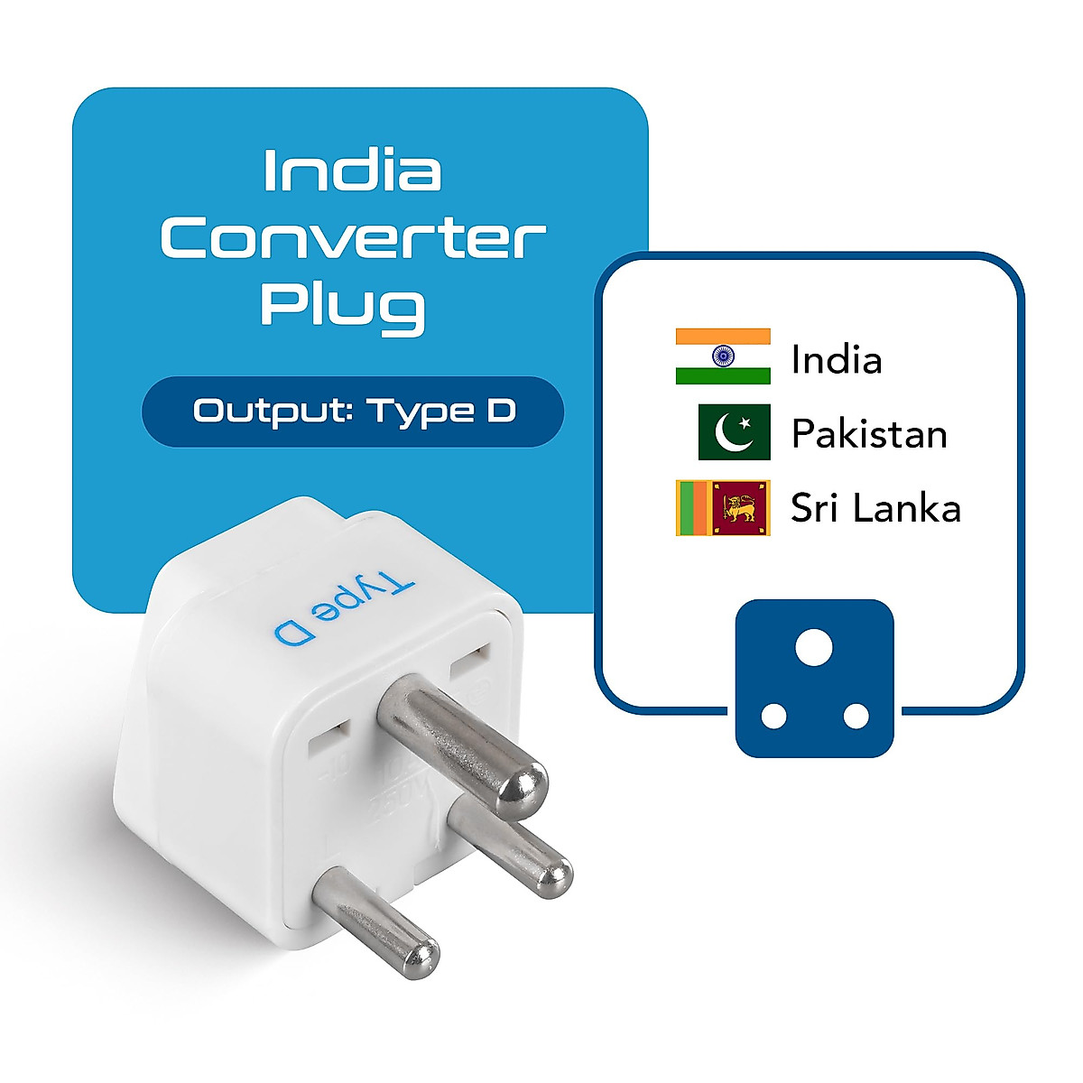 Ceptics India Travel Plug Adapter (Type D) for Pakistan, Nepal, Bangladesh - 3 Pack [Grounded & Universal] (GP-10-3PK)