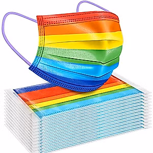 50PCS Disposable Face Mask Rainbow Colors 3-Layer Individually Wrapped Soft Elastic Earloop Nonwoven Fabrics (Random Rainbow Patterns & Colors)