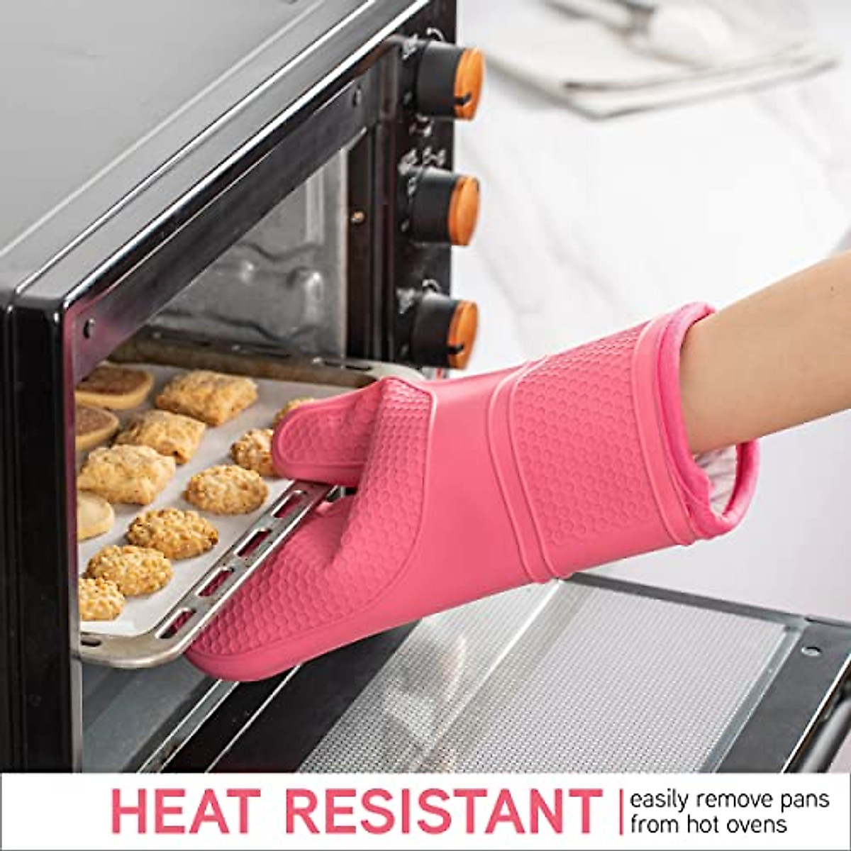 COOK WITH COLOR Silicone Oven Mitts- Heat Resistant Gloves with Soft Quilted Lining Oven Mitt Pot Holders for Cooking and BBQ, Pink, Oven Mitt