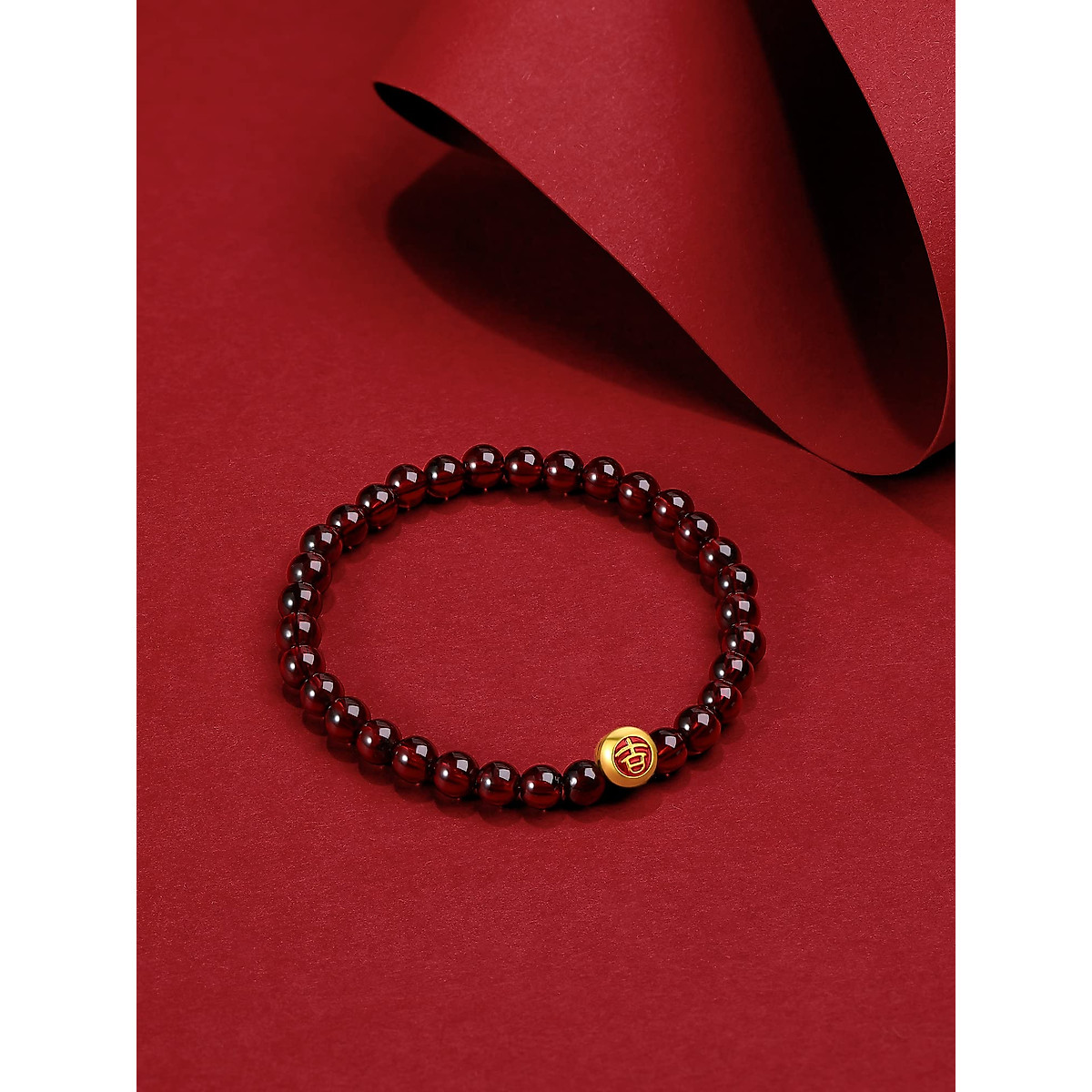 ZHOU LIU FU 24K Solid Gold Bracelet for Women, Real Pure Gold Jewelry Gourd Garnet Beaded Bracelet for Men Girlfriend