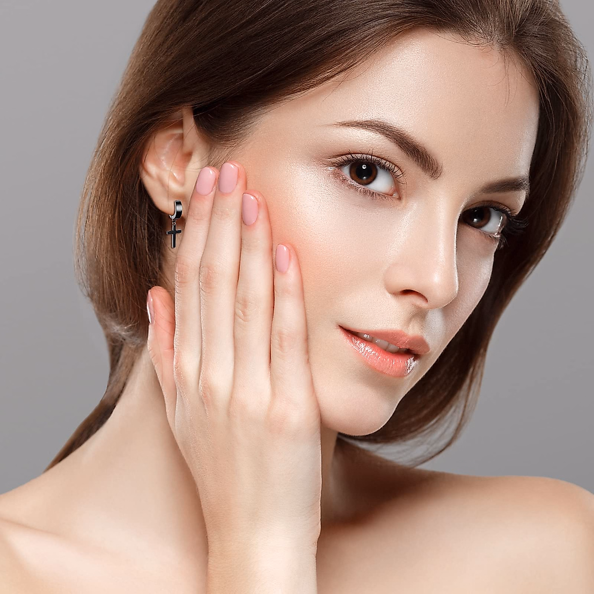 Cupimatch 3-6 Pairs Stainless Steel Cross Dangle Huggie Hinged Hoop Earrings for Men Women (1 Pair Black Cross)