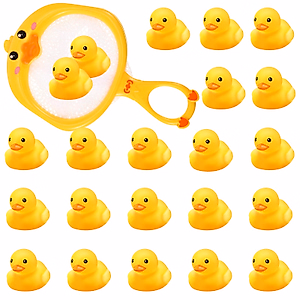 Poen 21 Pcs Bath Toy Baby Bathtub Duck Toy Set, 1 Pcs Duck Animals Fishing Net with 20 Pcs Water Floating Toy Ducks for Toddlers, Bathroom Floating Pool Fishing Play Set for Toddler Kids