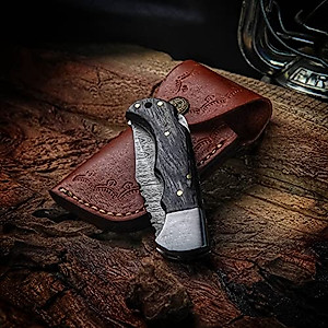 KIMPE 6.5" Damascus Pocket Knife with Holster-Folding Knife-EDC Knife-Best Camping Knife & Survival Knife-Pocket Knives for men & Self Defense Knife for Women (Pakka Grey Wood)