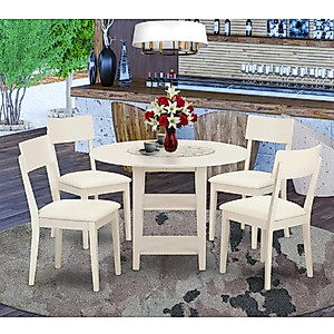 East West Furniture SUAD5-LWH-LC 5 Piece Dining Room Furniture Set Includes a Round Kitchen Table with Dropleaf & Shelves and 4 Faux Leather Upholstered Chairs, 42x42 Inch, Linen White