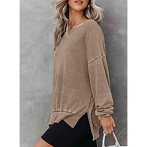 Dokotoo Womens Sweatshirt for Women 2024 Oversized Waffle Knit Crewneck Sweatshirt Long Sleeve Shirts Casual Loose Fit Lightweight Athletic Pullover Tunic Tops to Wear with Leggings Brown Large