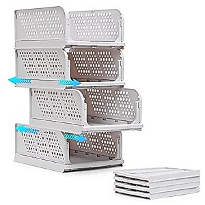 ELUCHANG Stackable Closet Organizers and Storage 16.93in 4 Packs Foldable Closet Organizer Drawers Shelves Collapsible Wardrobe Clothes Storage Bins Organization for Bedroom Bathroom Kitchen