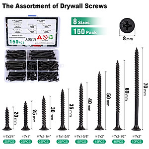 150PCS Drywall Screws, Premium Black Steel Machine Screws with Phillips Drive Device #7 Bugle Head, Black Steel Self-Tapping Screws, Wood Screw Kit, for Drywall Slate, Wood, Furniture Cabinet